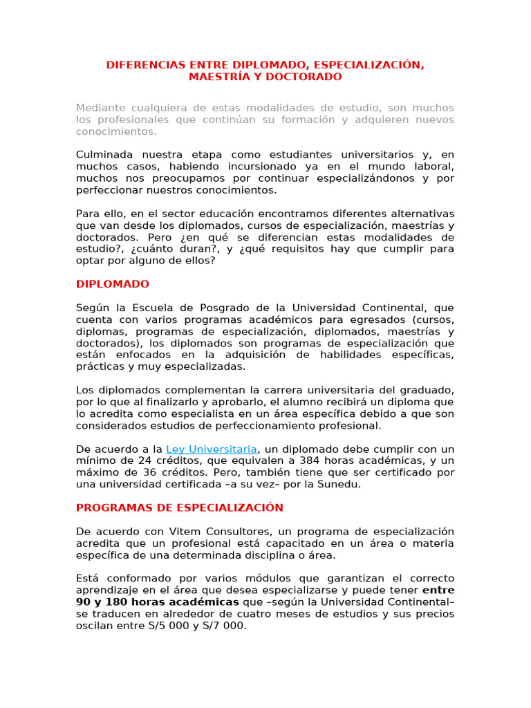 Diferencias Entre Diplomado Maestria y Doctorado | PDF | Titulo academico | Doctorado