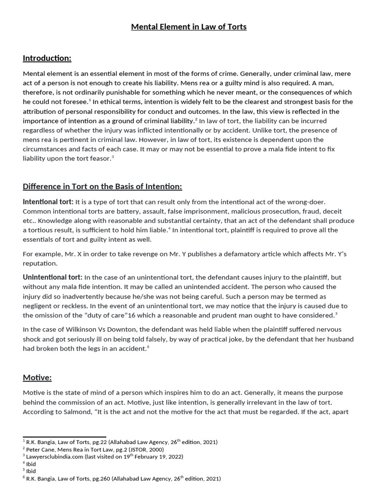 Mental Elements in Tort Law Explained | PDF | Tort | Mens Rea