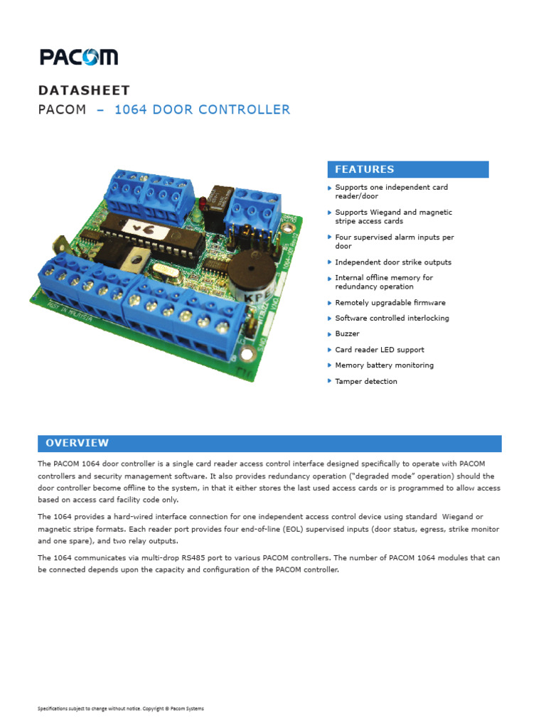 PACOM - 1064 Door Controller Datasheet | PDF | Access Control | Computer Engineering