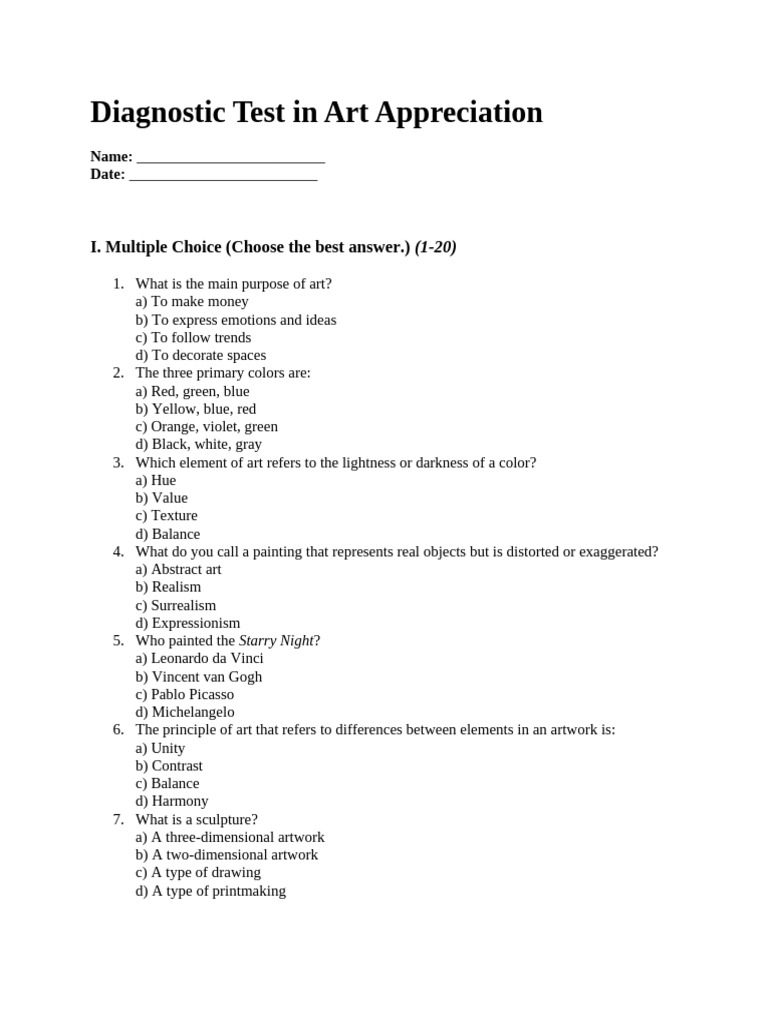 Art Appreciation Diagnostic Test | PDF | Paintings | Sculpture