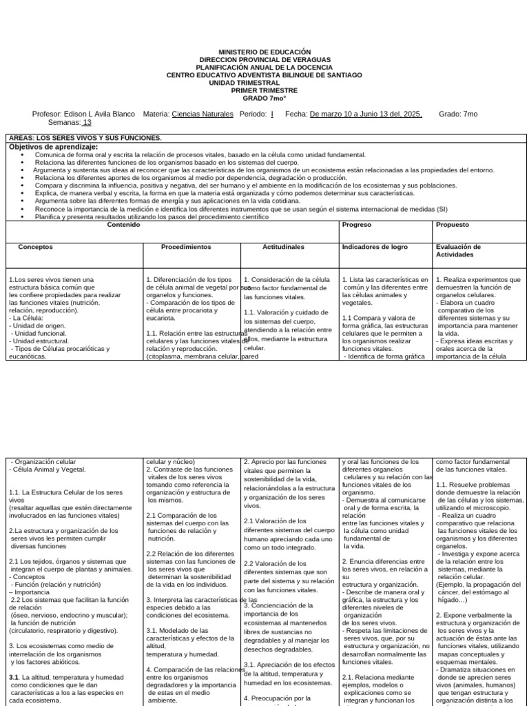 Planificación Docente: Ciencias 7mo Grado | PDF | Biología Celular ...