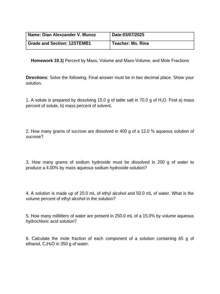Homework 10.1 Percent by Mass Volume and Mass Volume and Mole Fractions ...