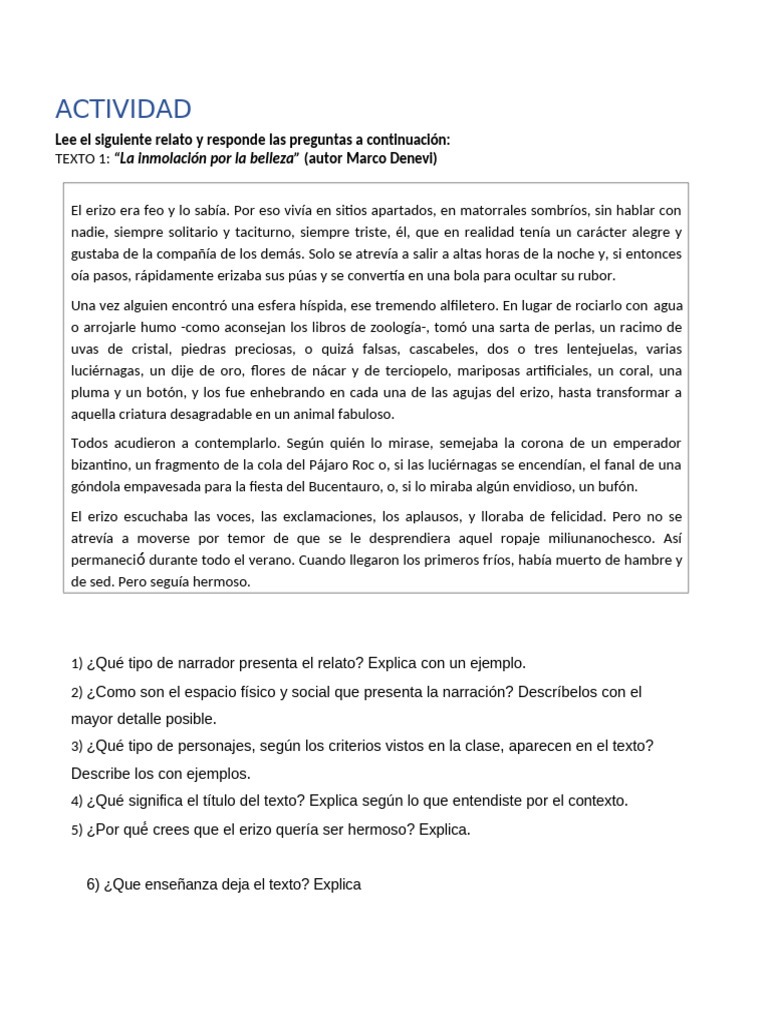 Análisis del relato "La inmolación por la belleza" | PDF