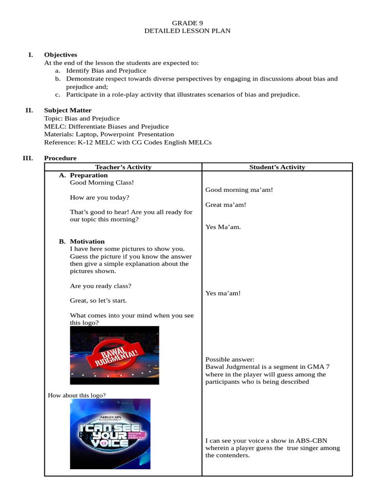Grade 9 Lesson Plan on Bias and Prejudice | PDF | Prejudices | Bias