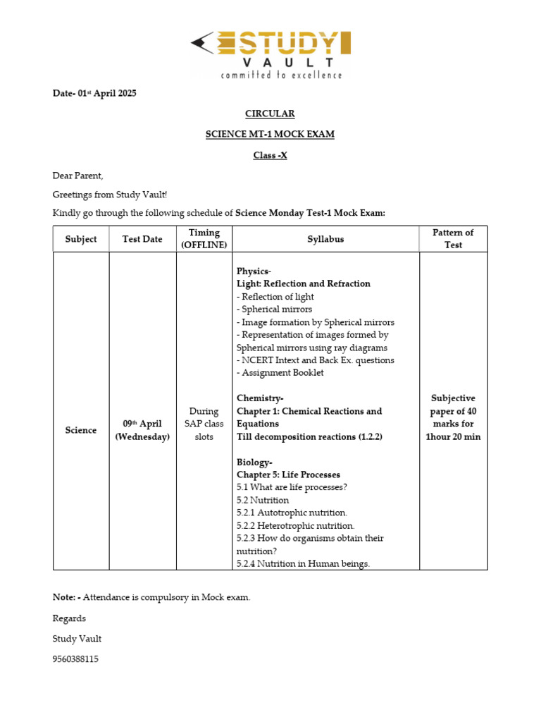 X - Science Monday Test-1 Mock Circular | PDF