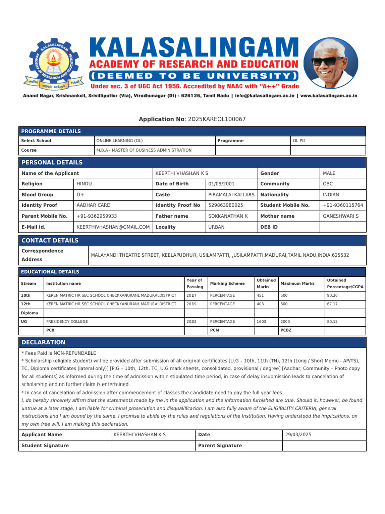 Application Form 2025KAREOL100067 | PDF