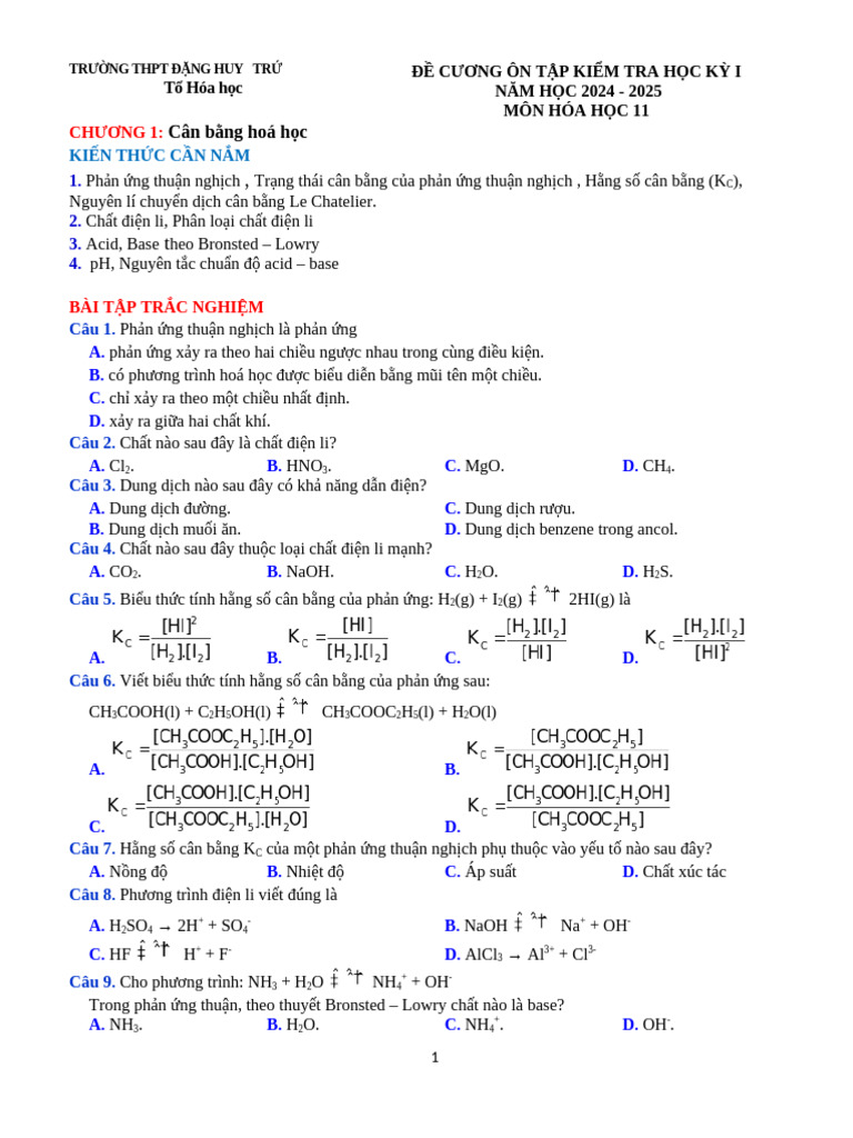 ĐỀ CƯƠNG HOÁ 11-cki 1-DHT 2024-2025 | PDF