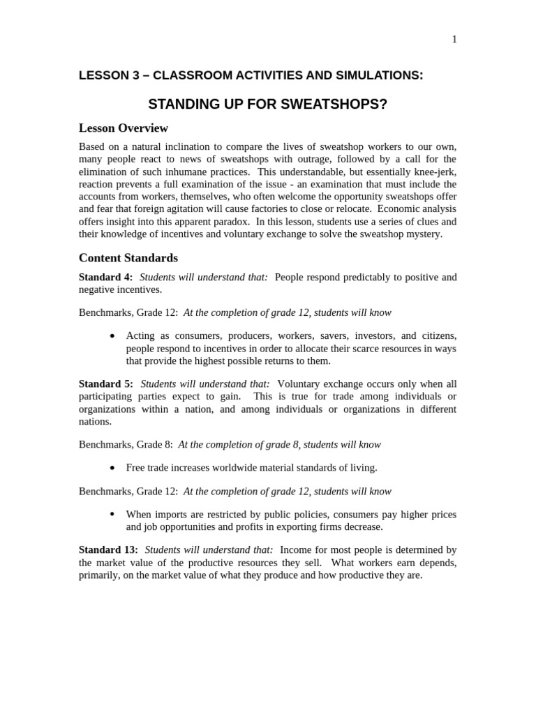 Lesson 3 Sweatshop Activity | PDF | Labour Economics | Sweatshop