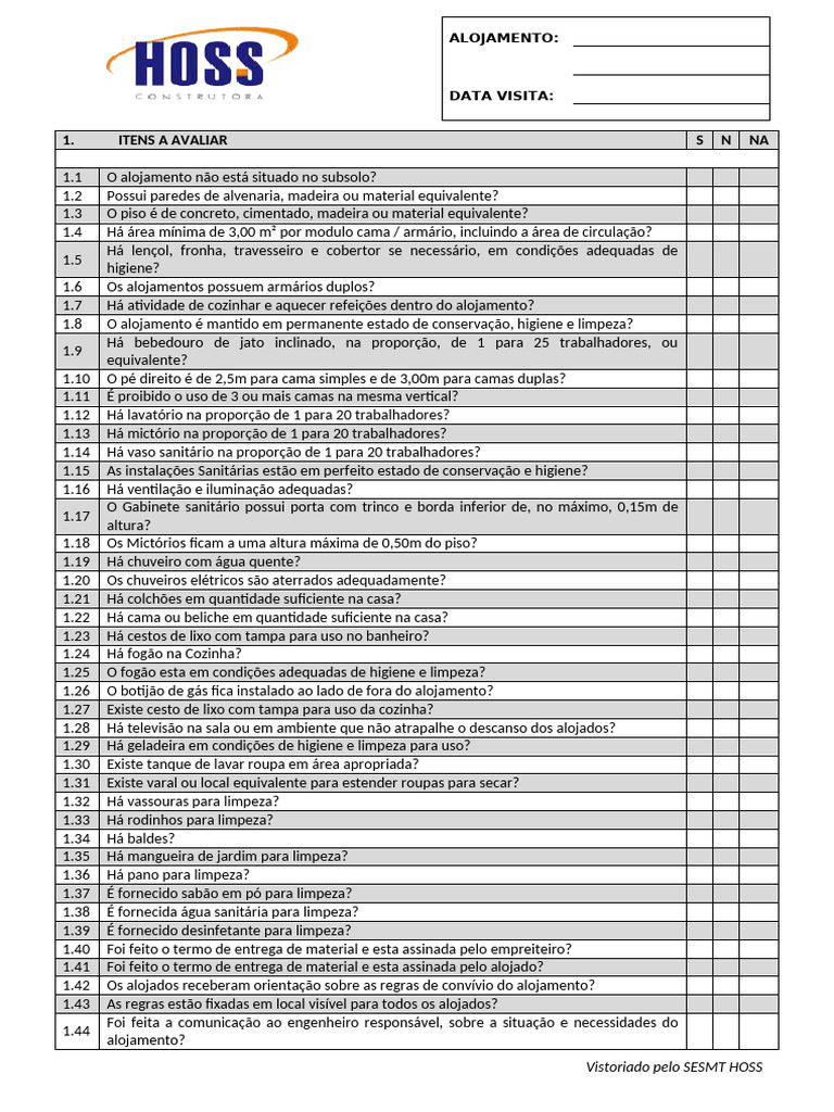 Check List Alojamento NR - 18 - HOSS 2025 | PDF | Banheiro | Casa e Jardim