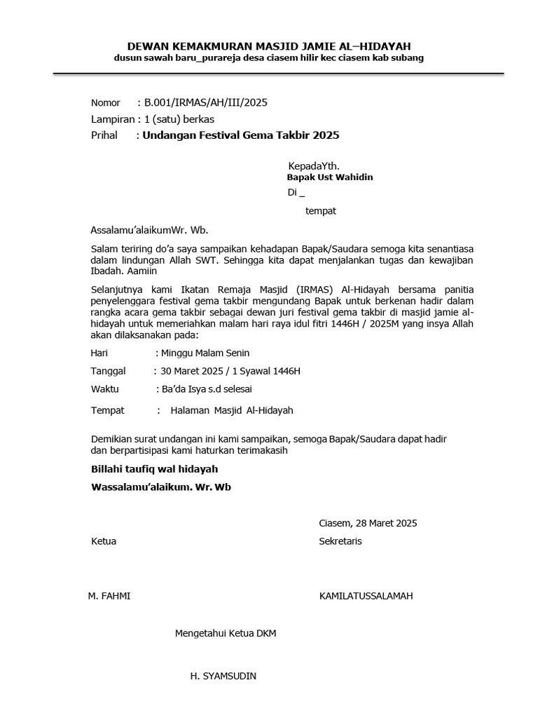 surat undangan festival gema takbir 2025 (1) | PDF