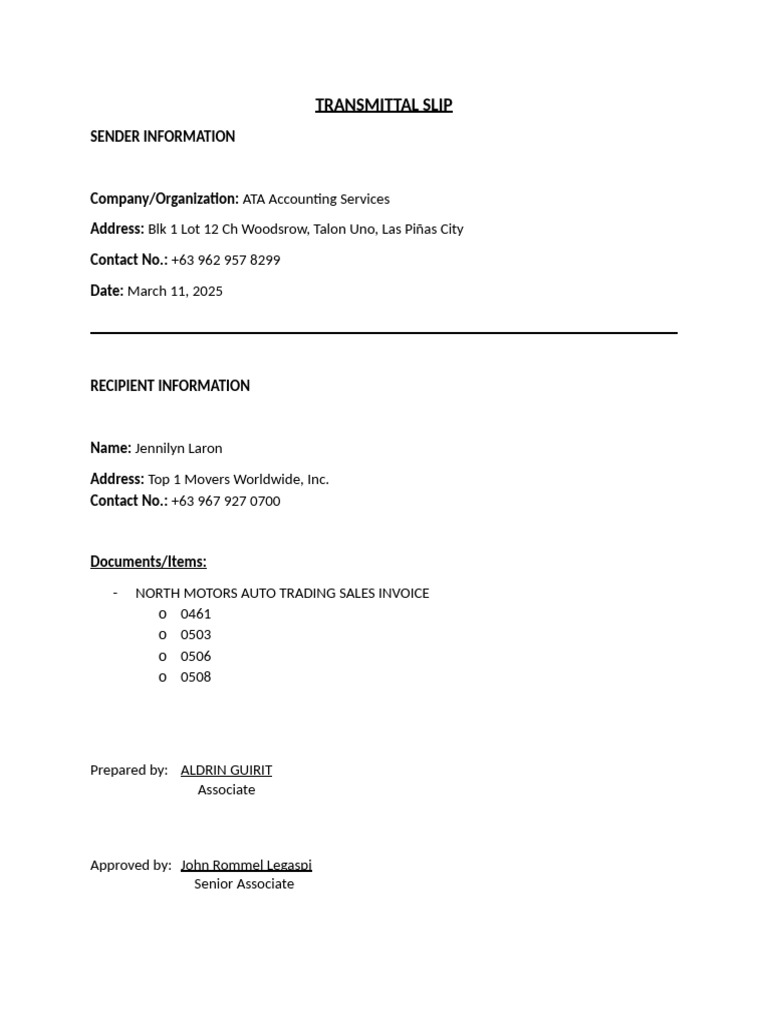 Transmittal Slip for Sales Invoices | PDF