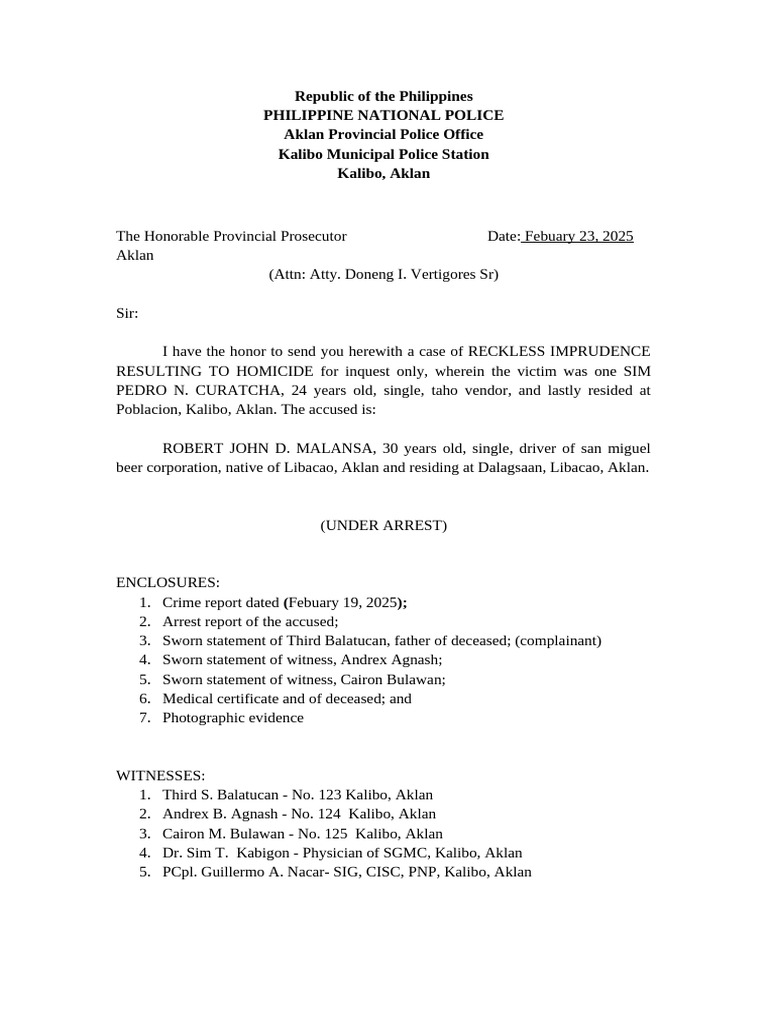 Reckless Homicide Case in Aklan | PDF | Affidavit | Law Enforcement