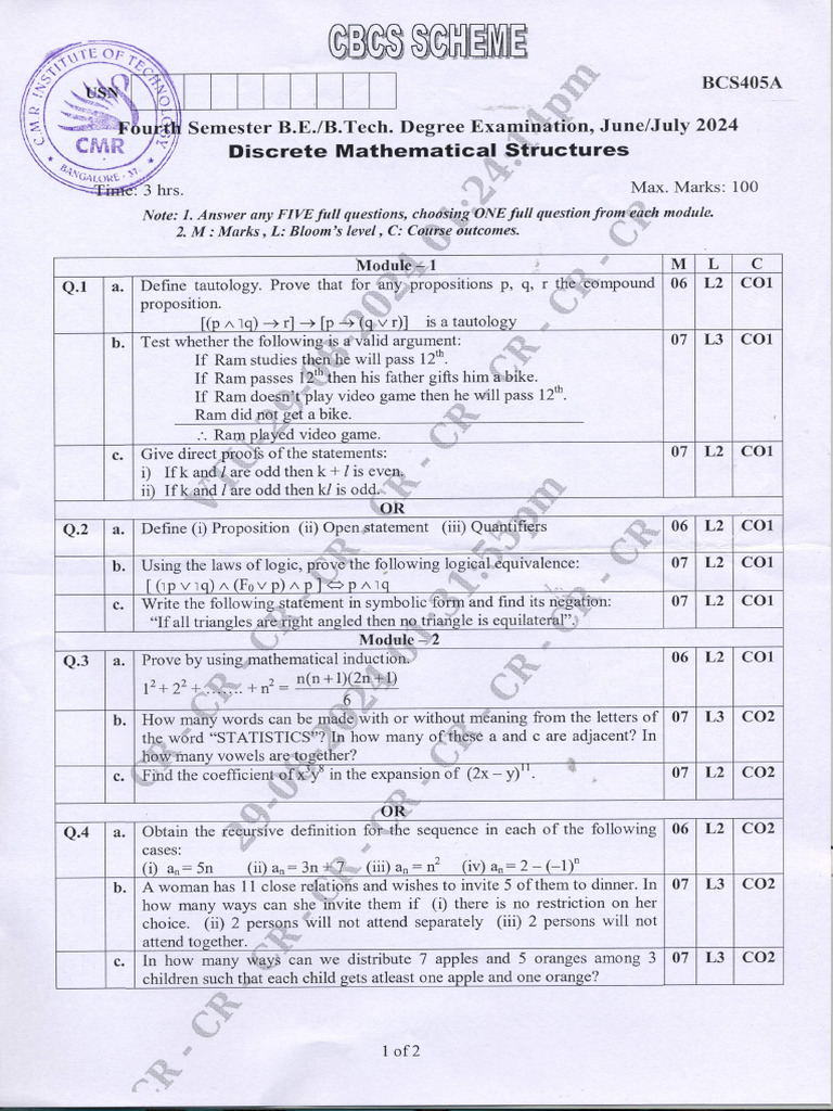 VTU Exam Question Paper With Solution of BCS405A Discremathematical ...