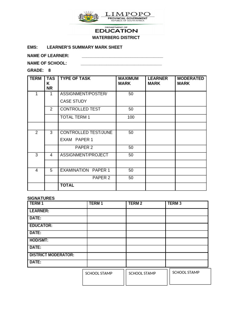 2025 Grade 8 Sba Learner Summary Sheet | PDF