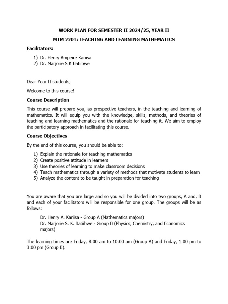 MTM 2201 WORK PLAN FOR SEMESTER II 2024-25 January 2025 | PDF ...