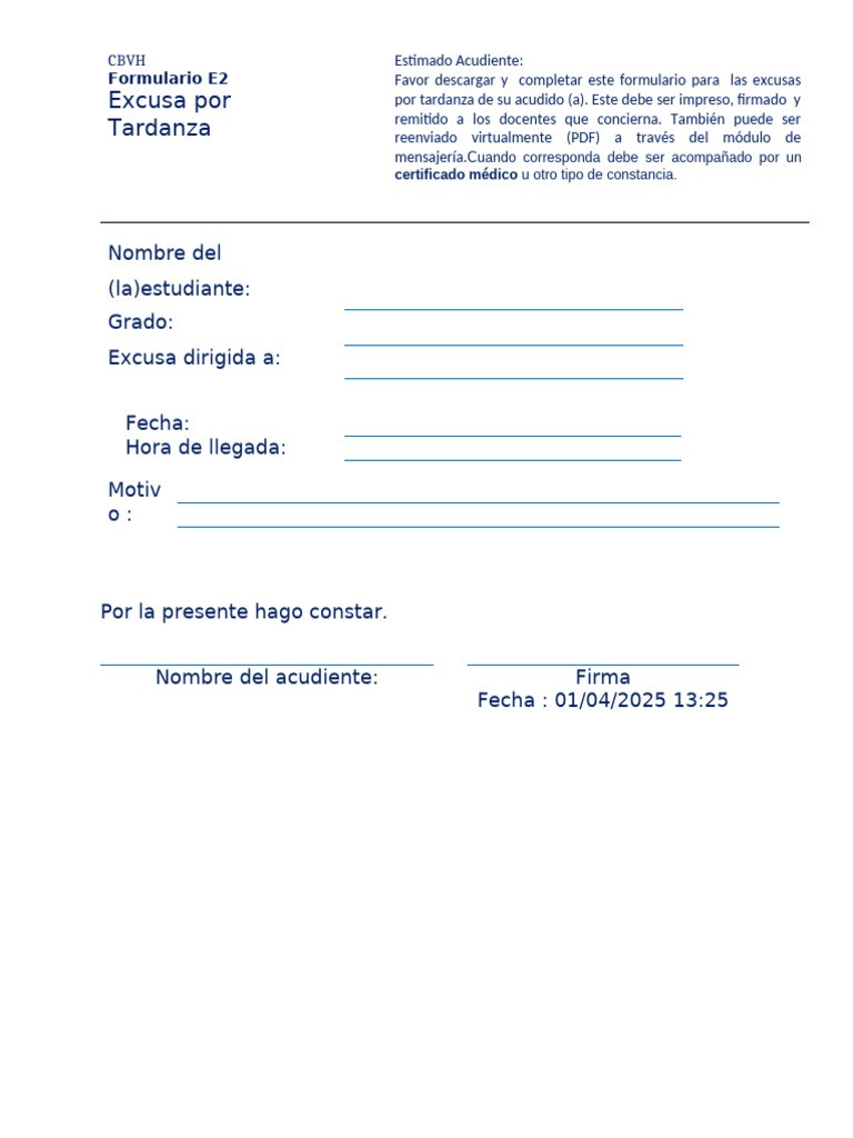 E2-Excusa Por Tardanza | PDF