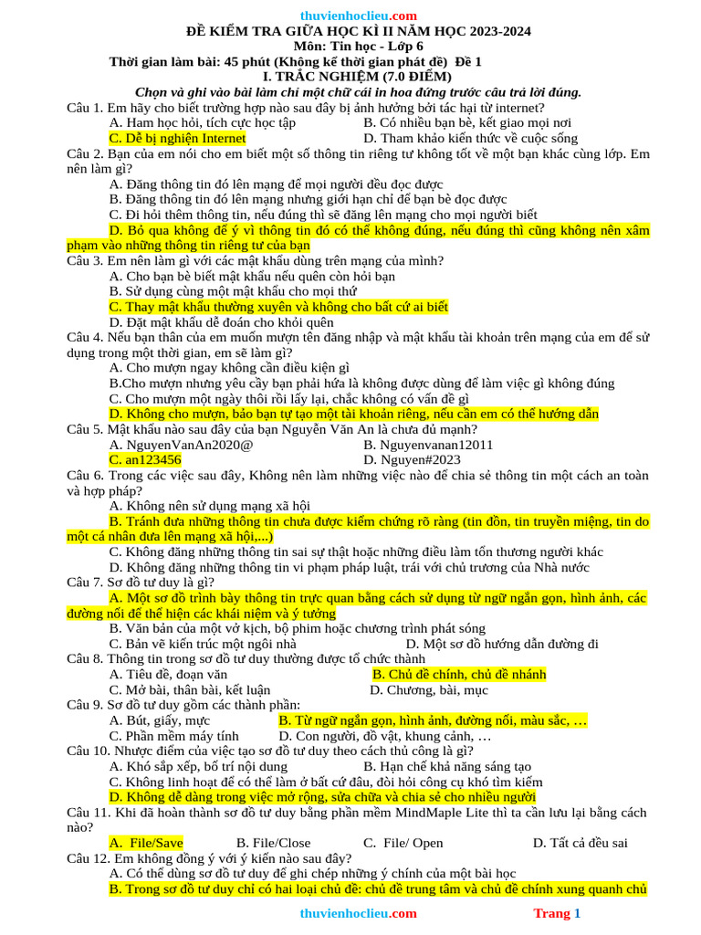 Thuvienhoclieu.com de Thi Giua HK2 Tin 6 KNTT 23 24 | PDF