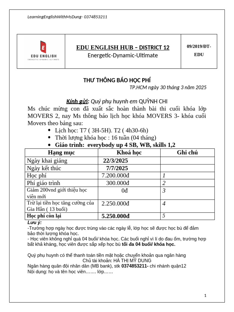 Thông Báo Học Phí Sample | PDF