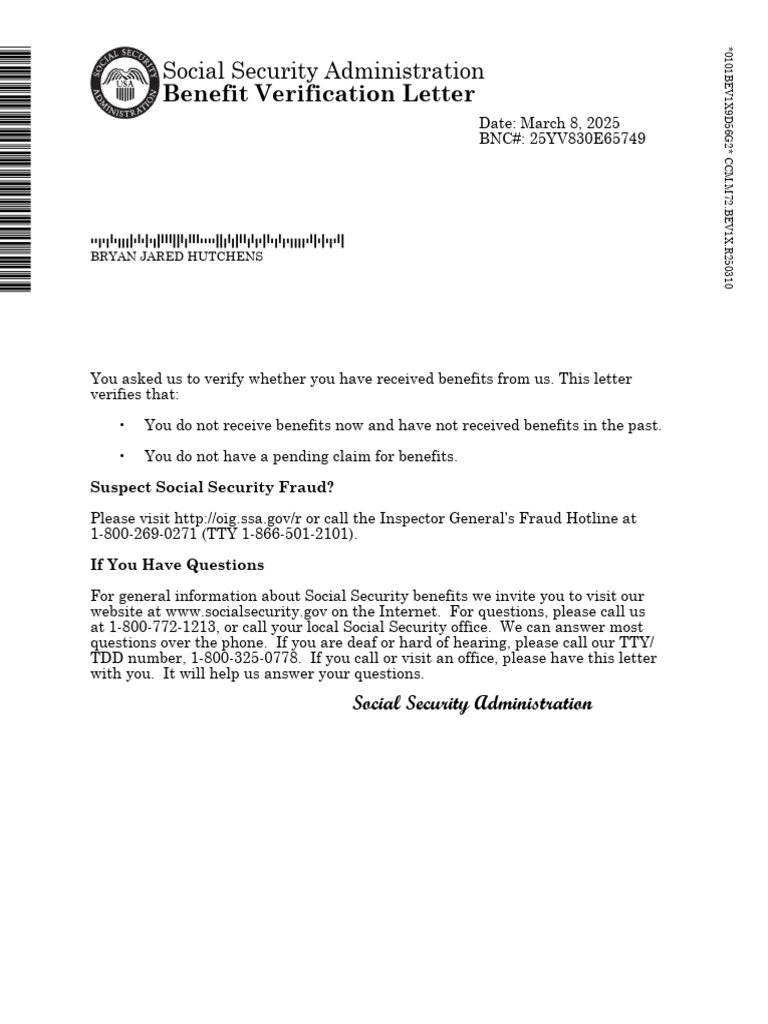 Social Security Benefit Verification Letter | PDF