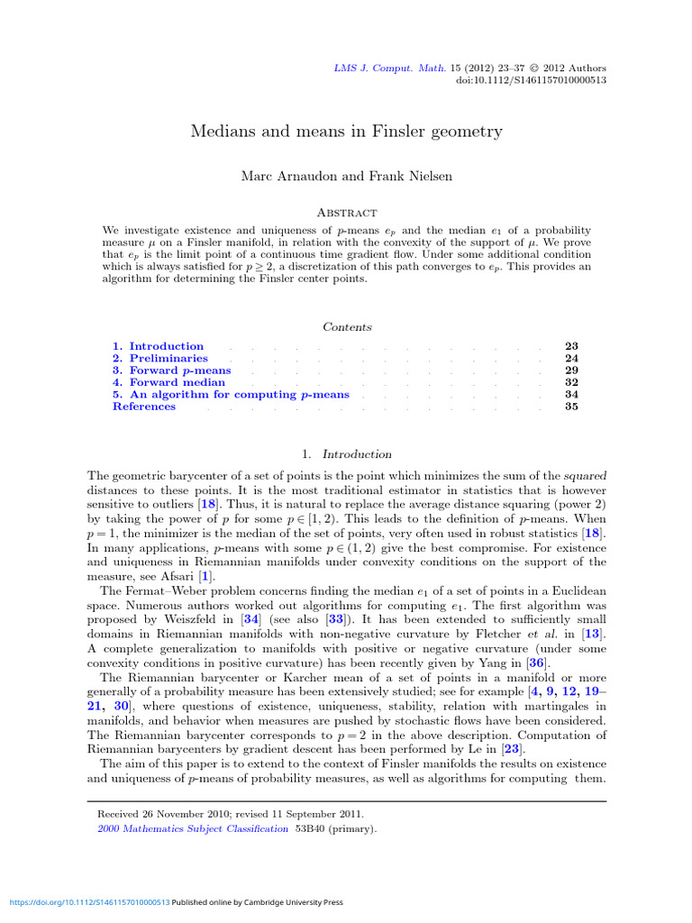 Medians and Means in Finsler Geometry | PDF | Applied Mathematics ...