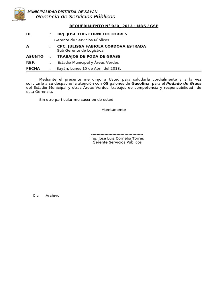 Requerimiento Nº 043 - 2013 Logistica - Combustible para Podado de Grass para Acotama | PDF