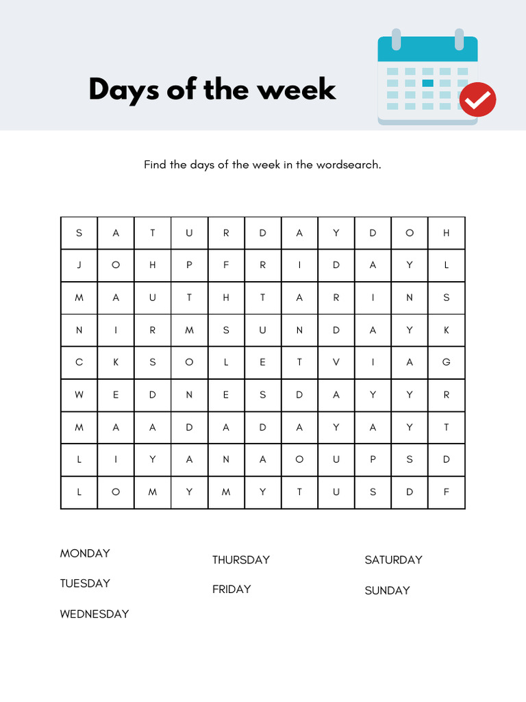 Days of the Week Wordsearch Worksheet in Blue and Red Simple Style | PDF