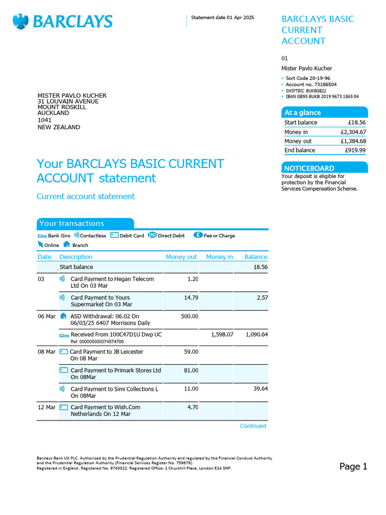Your Barclays Basic Current Account Statement | PDF | Debit Card | Payments