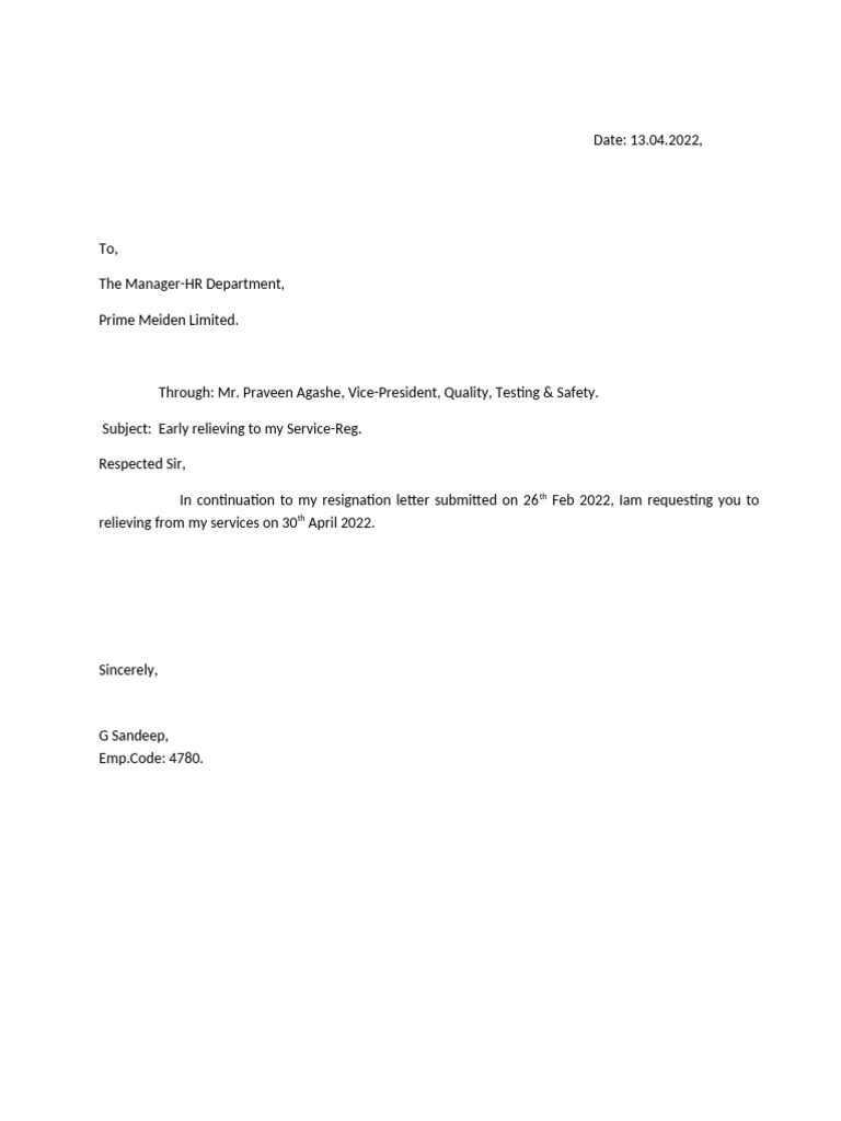 Early Releaving Letter1 | PDF