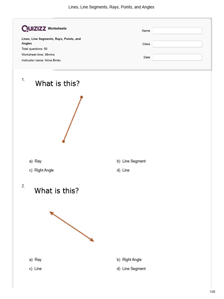 Lines, Segments, Rays, and Angles Worksheet | PDF | Line (Geometry ...
