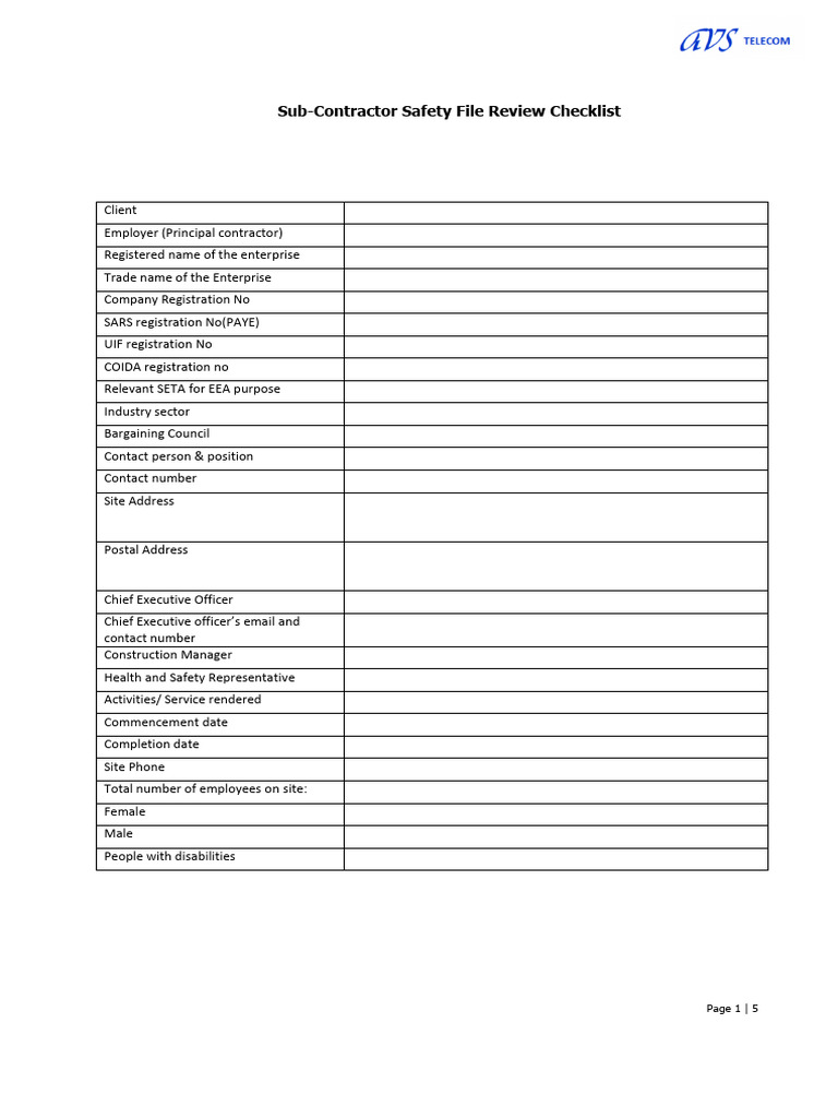 Sub-Contractor Safety File Review Checklist | PDF | Occupational Safety ...