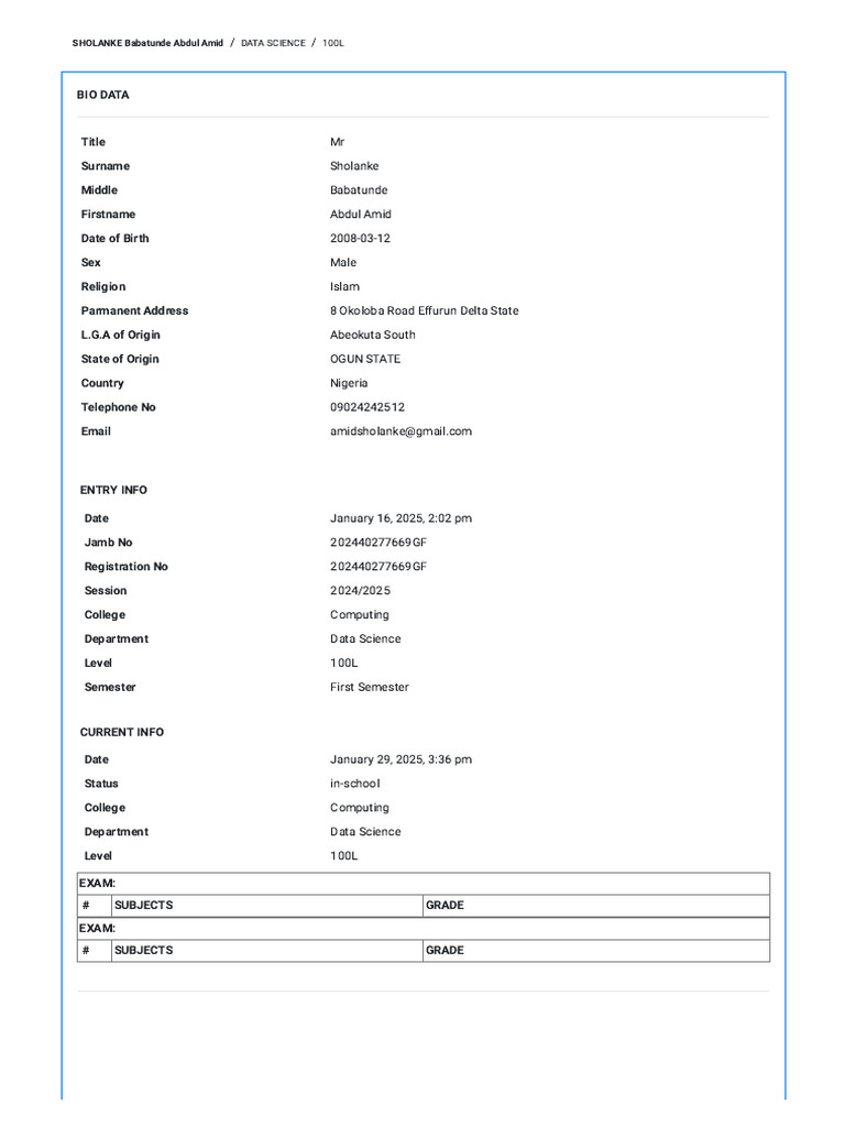 FUPRE _ Student Profile - 202440277669GF | PDF