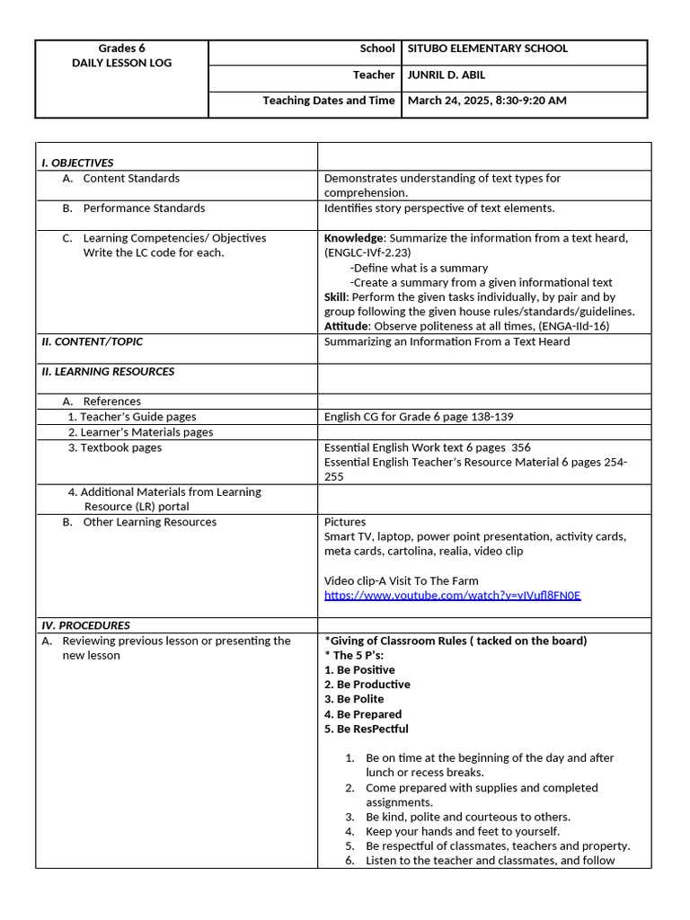 Cot - DLP English 6 - Summarizing Informations Heard Without Annot | PDF | Pollination | Learning