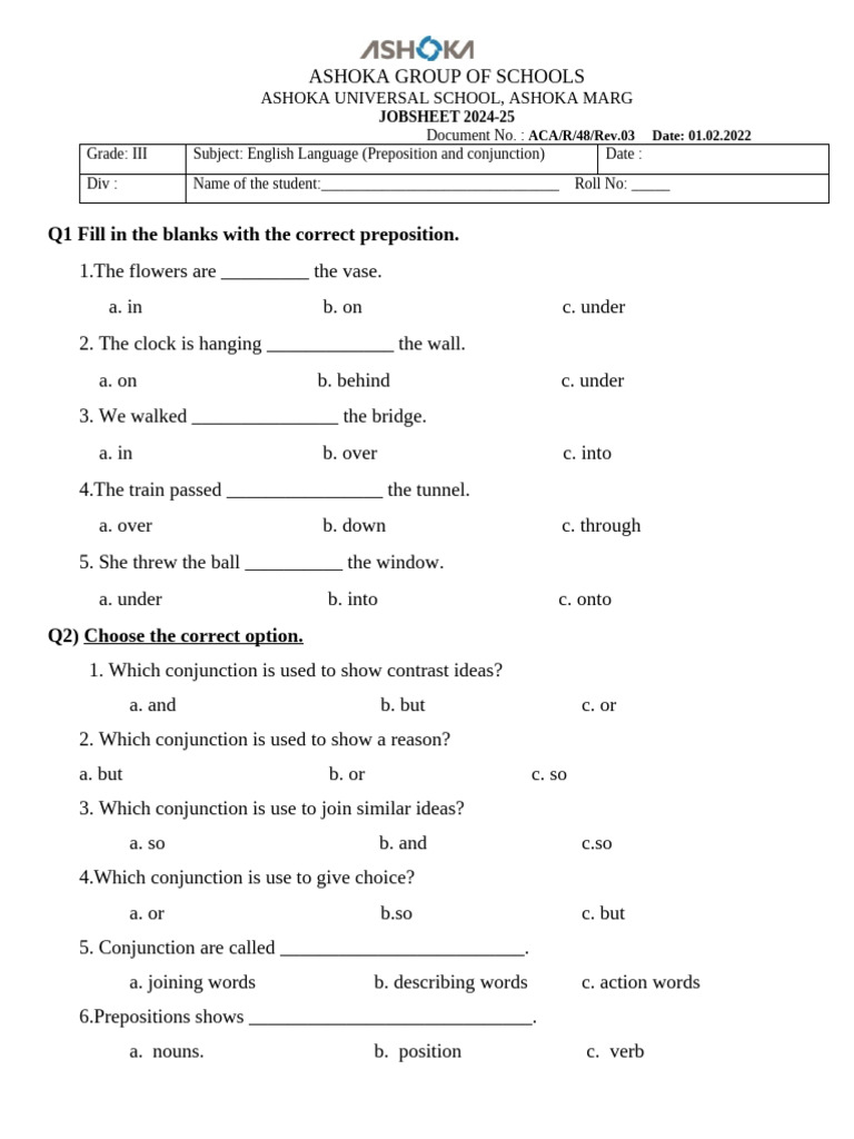WORKSHEET For Preposition and Conjunctions 2425 Term 3 | PDF | Semantic Units | Language Mechanics