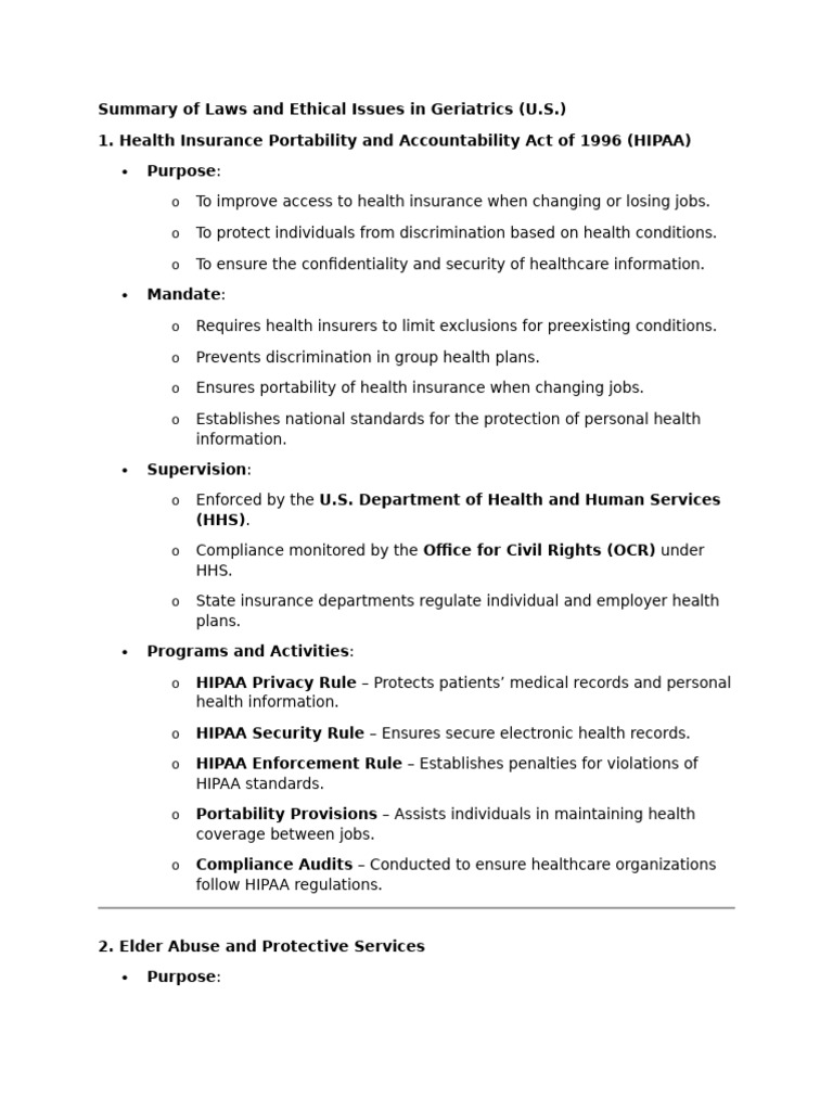 Summary of Laws and Ethical Issues in Geriatrics | PDF | Medicare ...