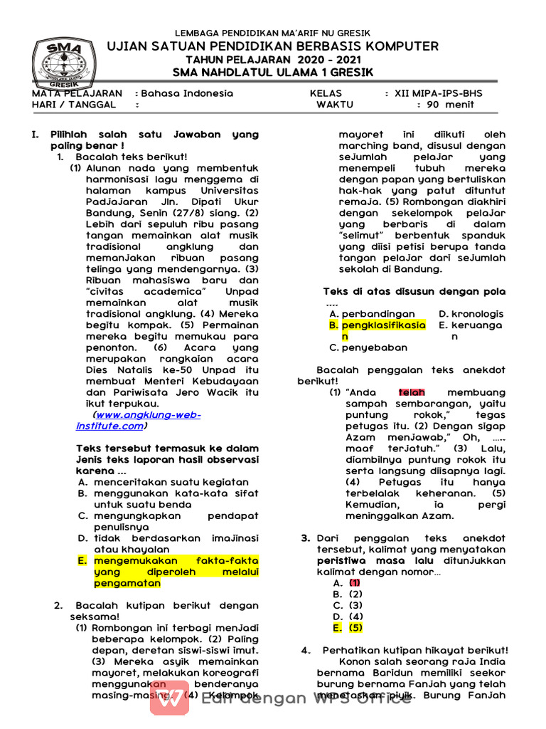 Soal Usp Kelas Xii Mipa-Ips 2020-2021 (Sudah Cek) | PDF