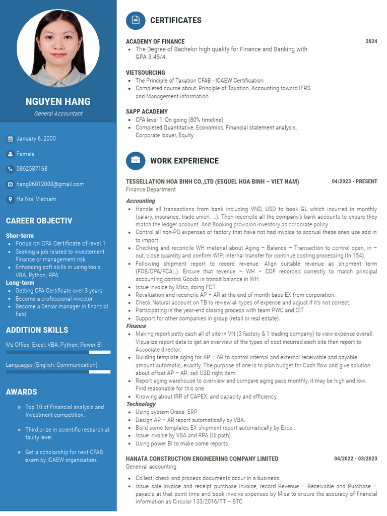 Nguyen Hang: General Accountant Profile | PDF | Expense | Revenue