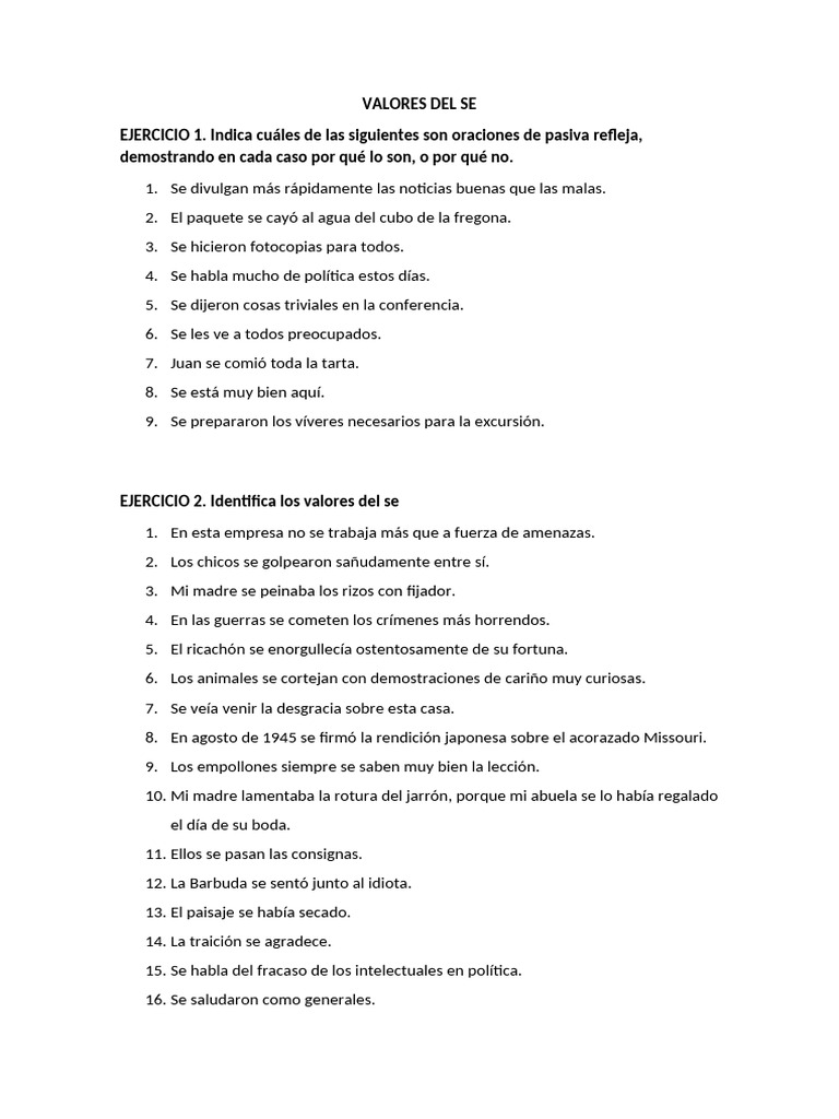 Ejercicios sobre valores del "se" | PDF