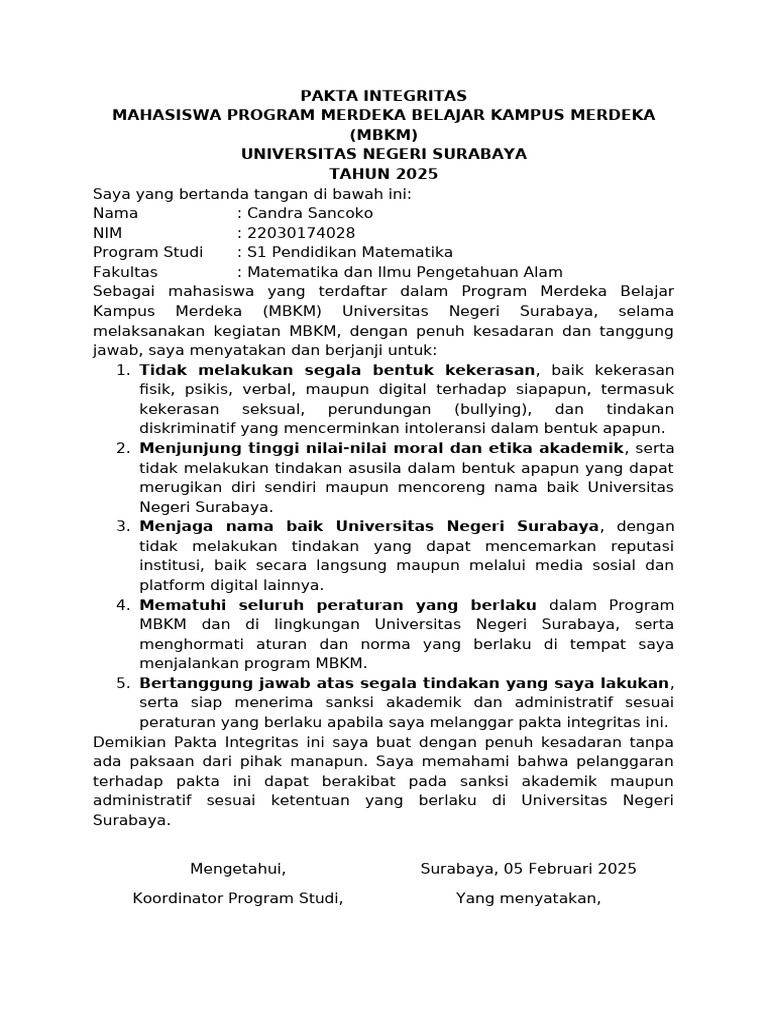 Pakta Integritas Mahasiswa Unesa 2025 | PDF