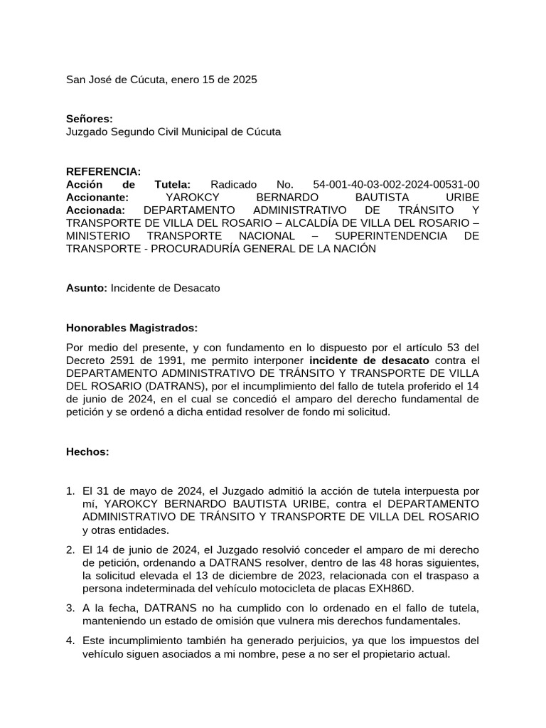 Incidente de Desacato en Acción de Tutela | PDF | Gobierno | Justicia