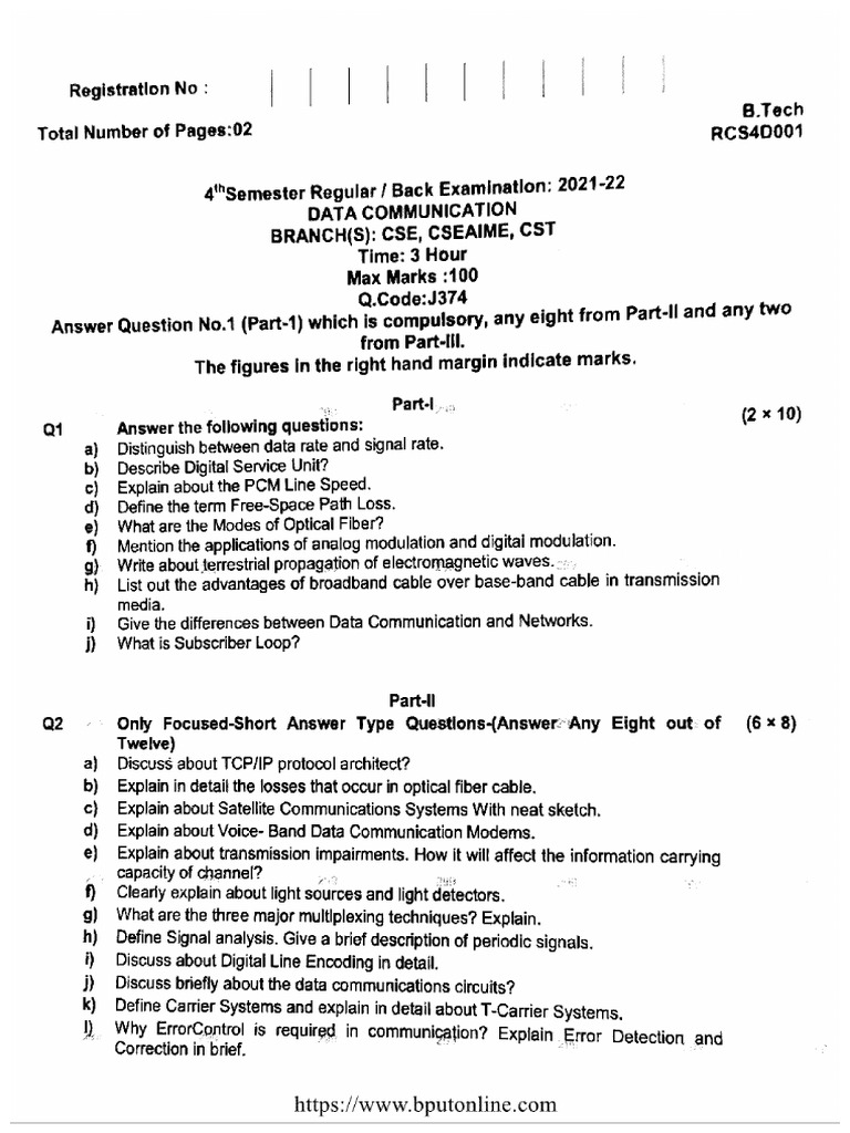 Btech Cse Cseaime Cst 4 Sem Data Communication Rcs4d001 2022 | PDF
