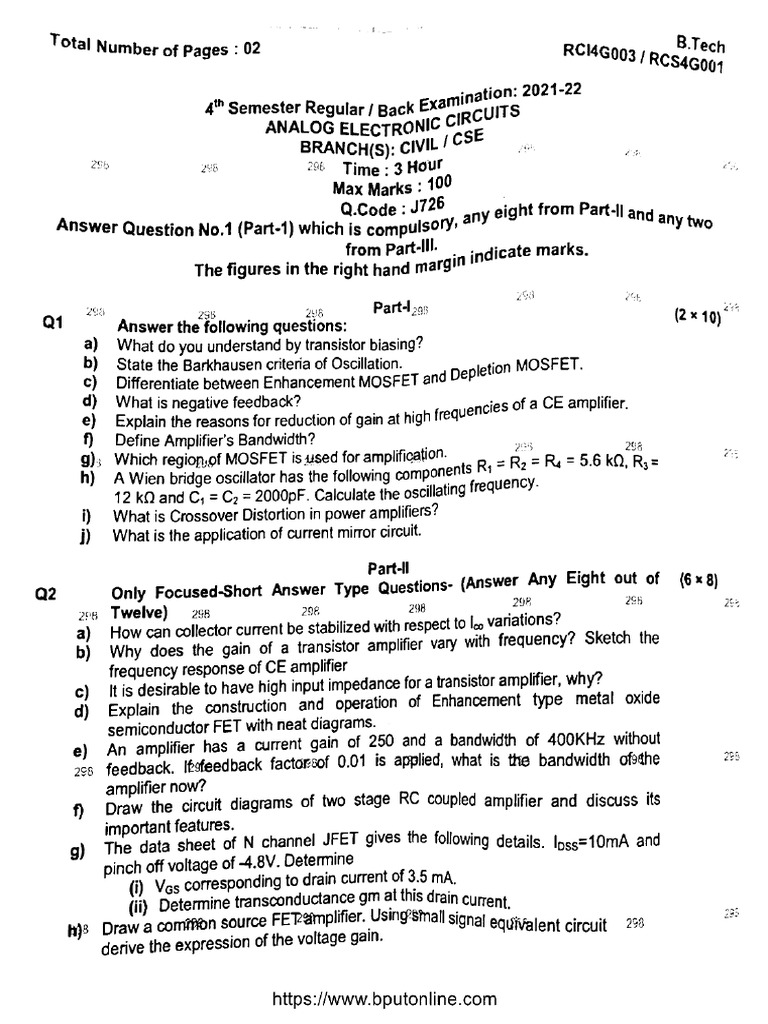 Btech Civil Cse 4 Sem Analog Electronic Circuits Rci4g003 2022 | PDF