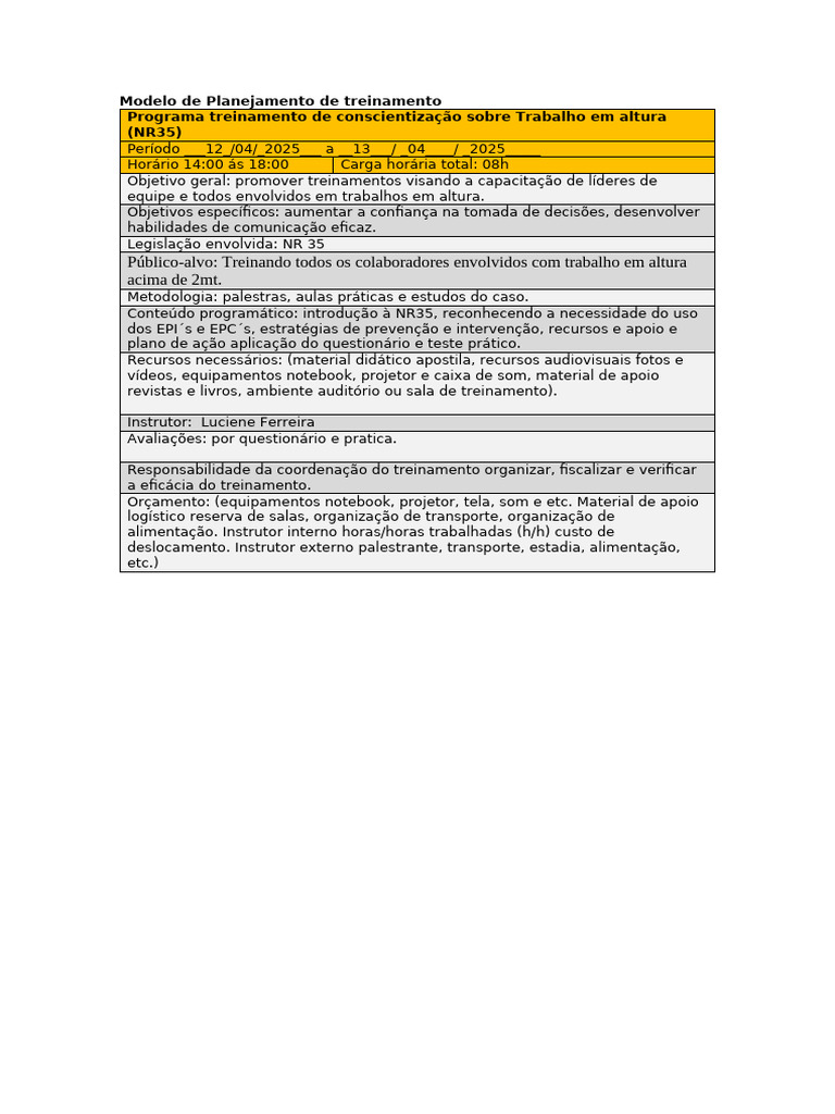 Planejamento de Treinamento NR35 | PDF