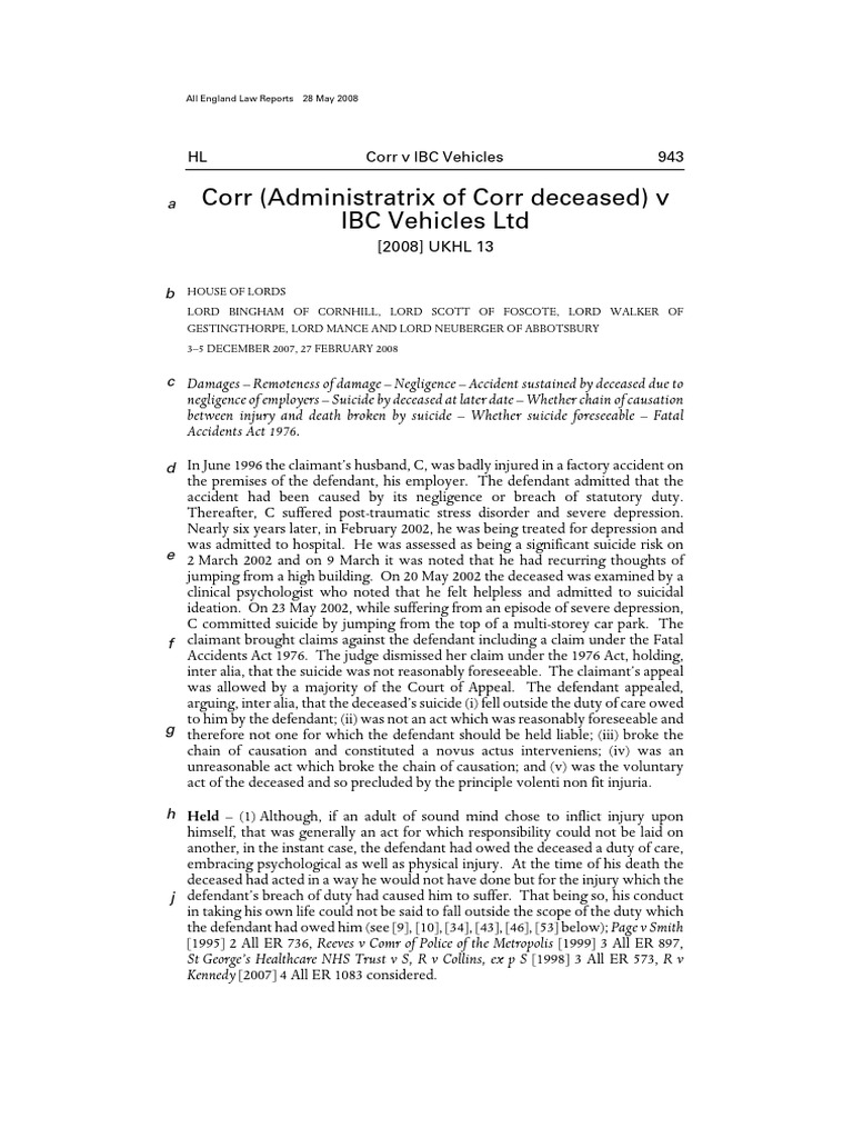 Corr (Administratrix of Corr Deceased) v IBC Vehicles Ltd [2008] 2 All ER 943 | PDF | Negligence ...