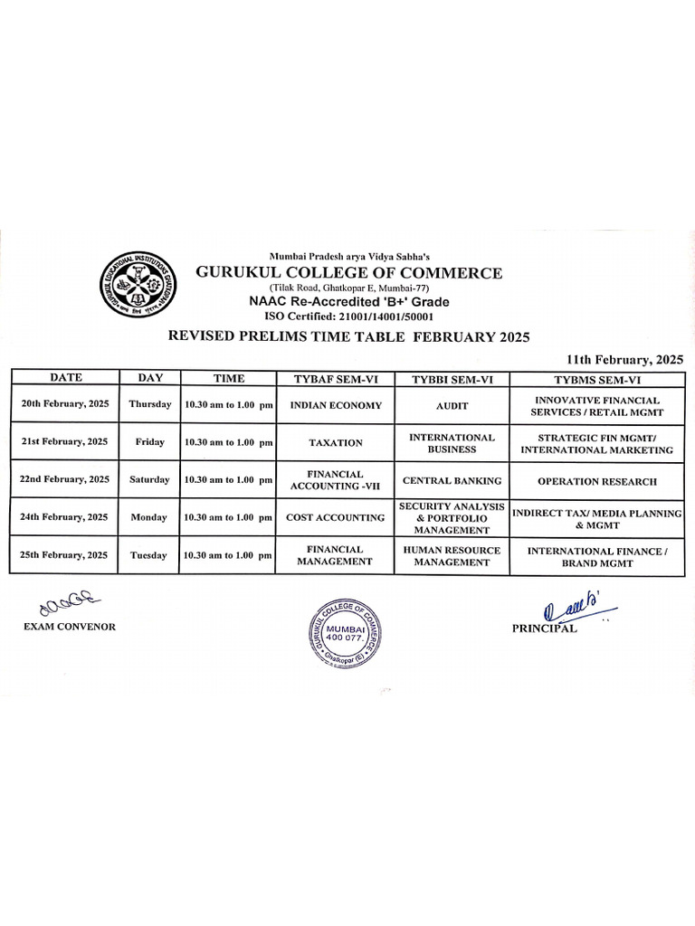 Revised Prelims Time Table March 2025 | PDF