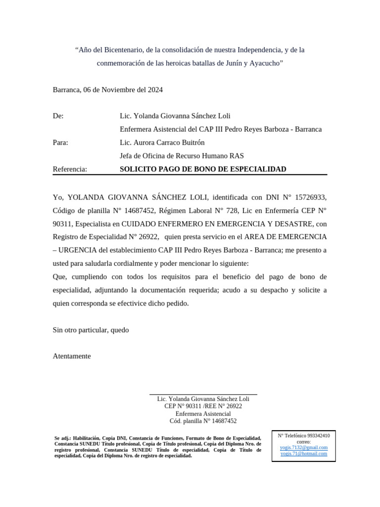 Solicitud de Pago de Bono Especialidad | PDF