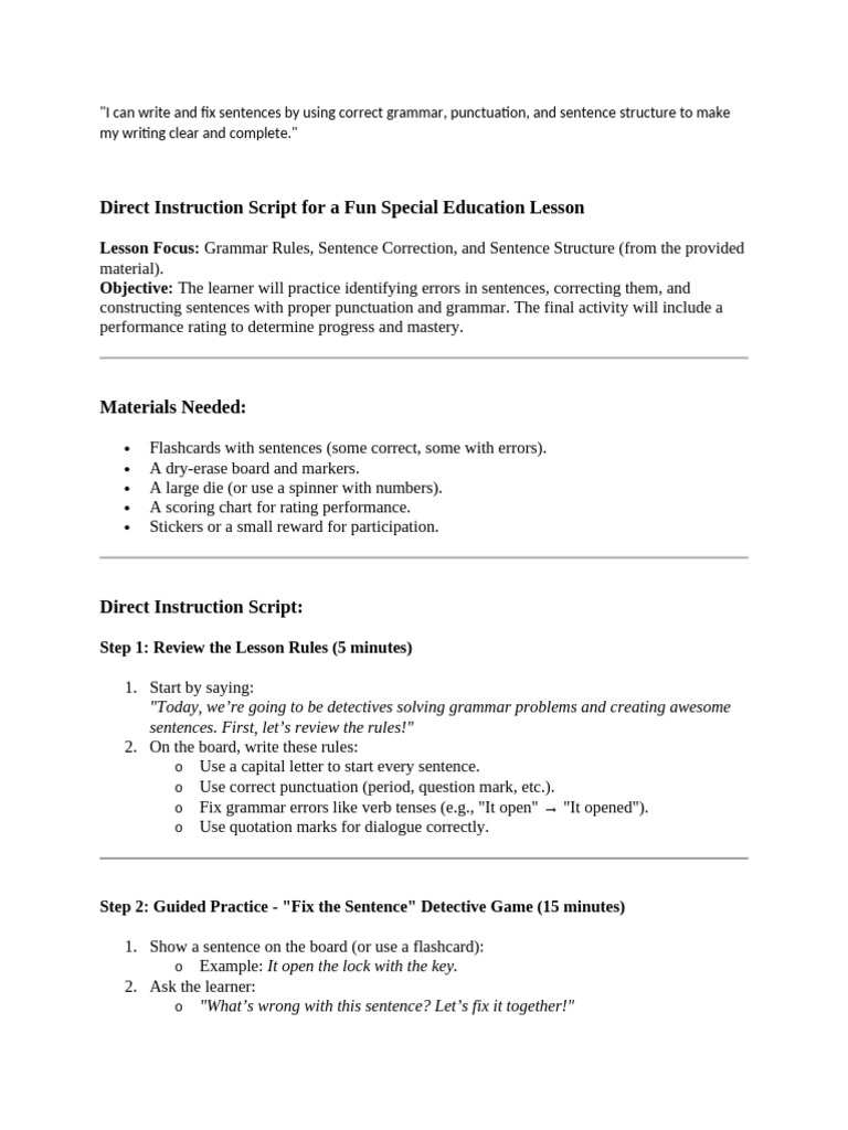 Fixing Sentences for 3rd Graders | PDF | Subject (Grammar) | Verb