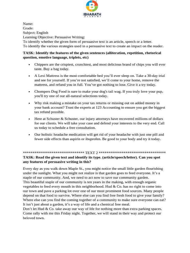 Grade 7 Persuasive Technique Identification Ws | PDF | Meal