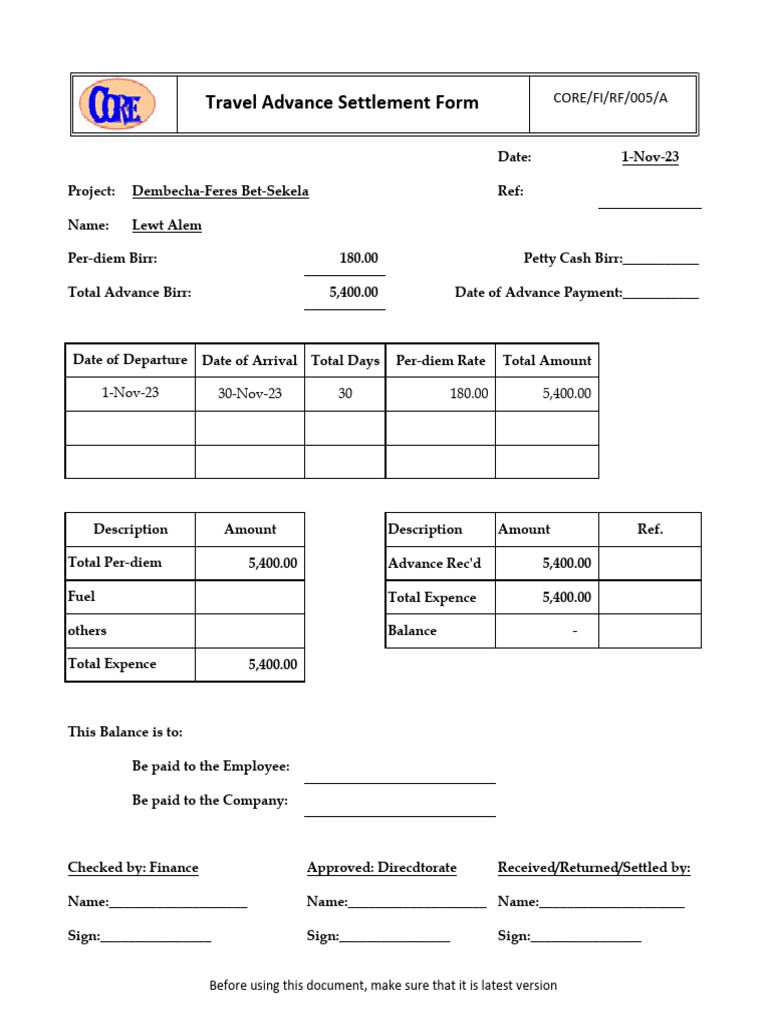 005A Travel Advance Settlement Form November 2023_Part3 | PDF