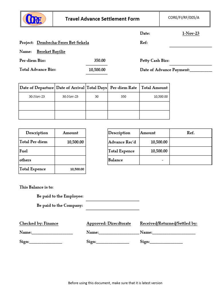 005A Travel Advance Settlement Form November 2023 | PDF | Per Diem | Cash