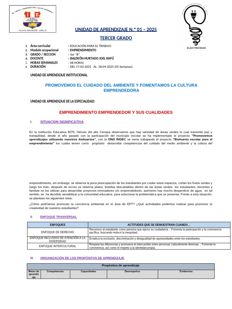 Unidad de Apendizaje 3ro B - Unidad 1 - 2025 | PDF | Iniciativa ...